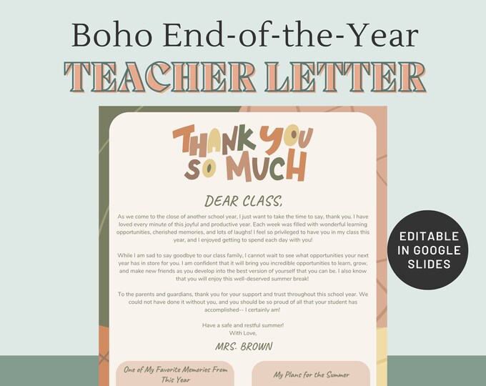 End of Year Teacher Letter Editable Mid Century Modern Boho Printable ...