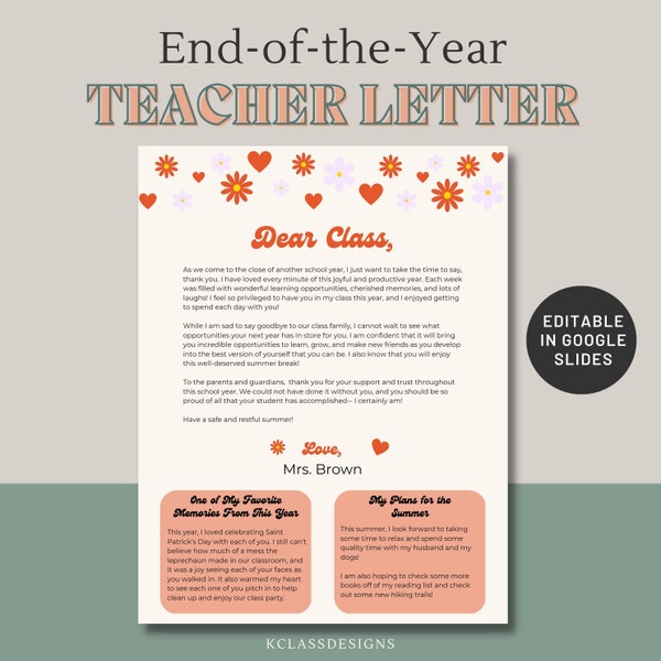 Teacher End of Year Letters - Etsy
