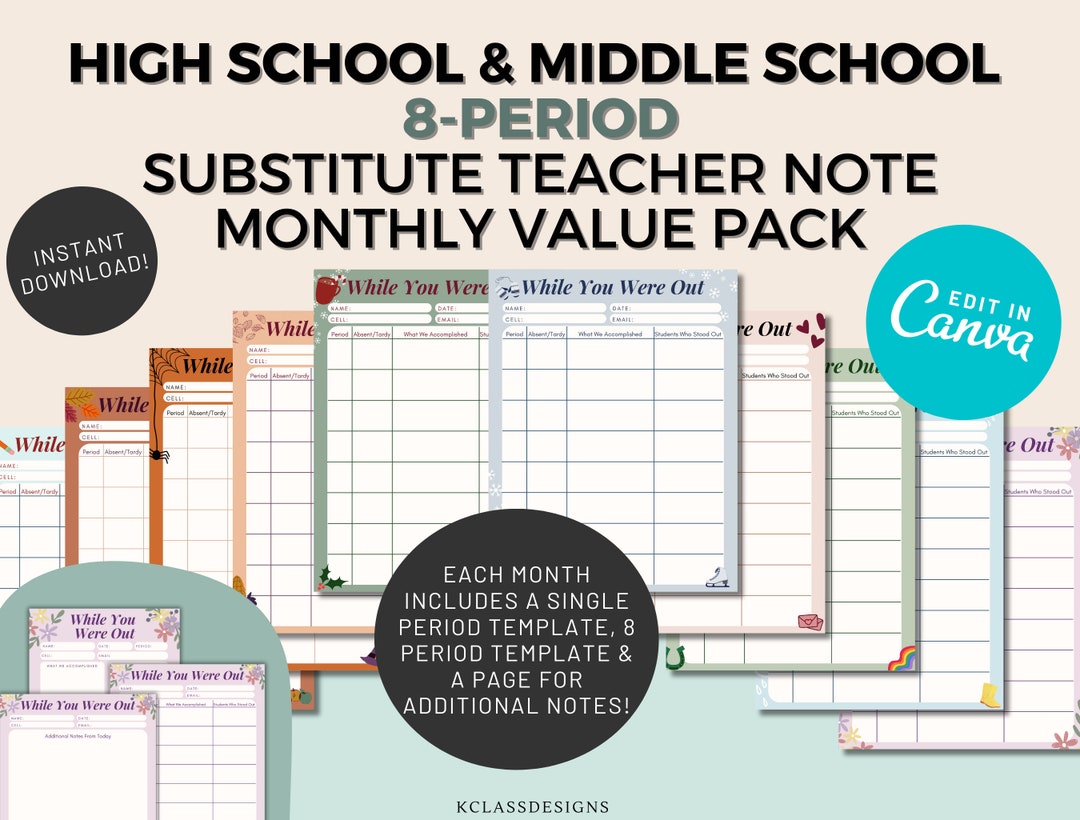 High School Substitute Teacher Note Monthly Value Bundle | Middle ...