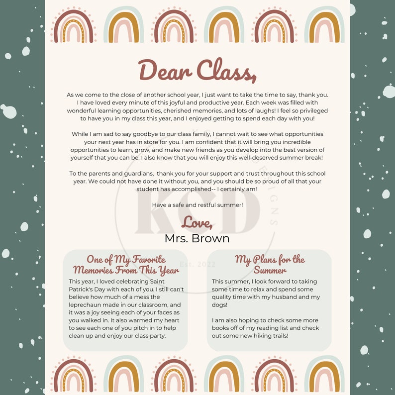 End of Year Teacher Letter Editable Rainbow Boho - Etsy
