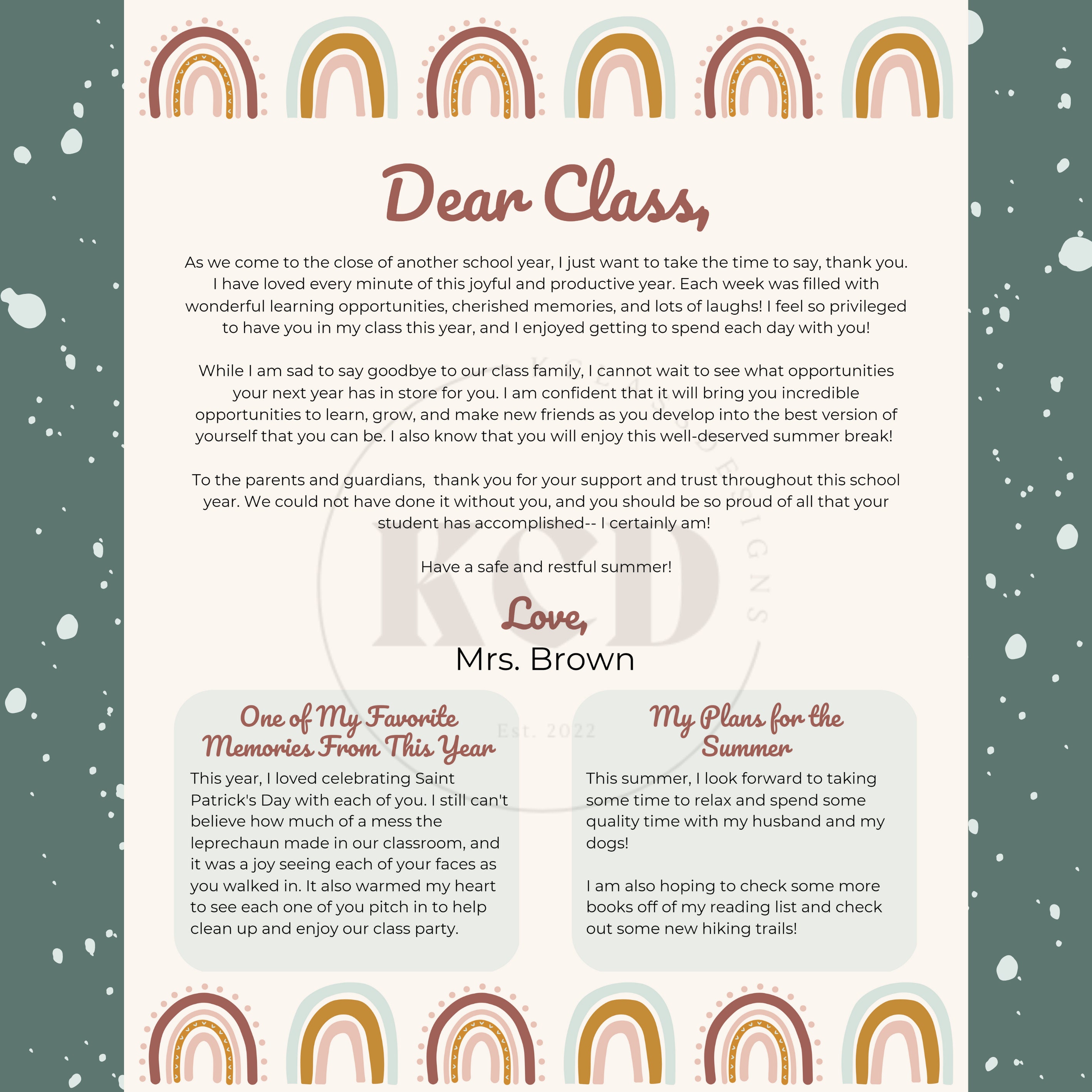 End of Year Teacher Letter Editable Rainbow Boho Printable Teacher Note ...