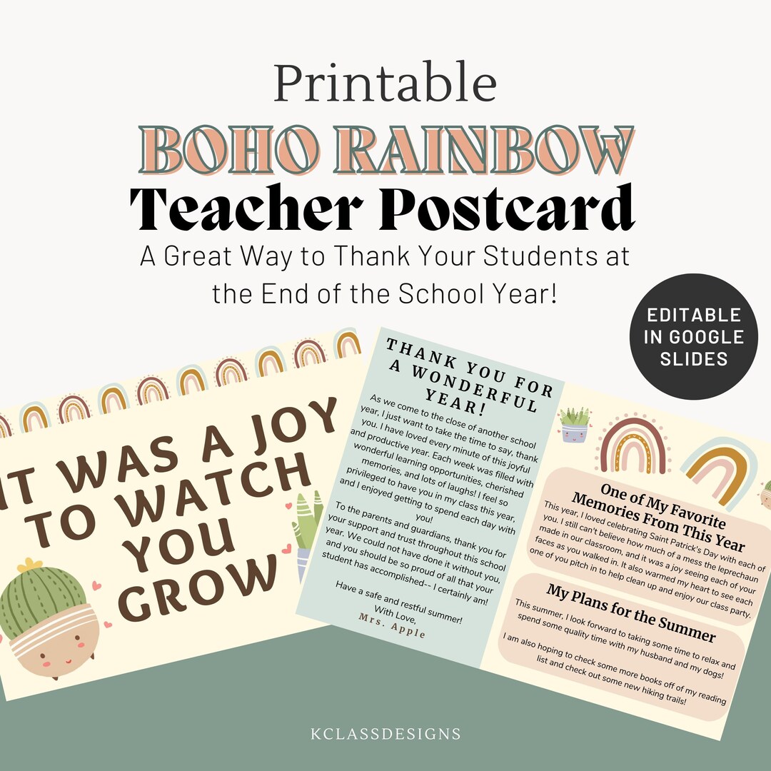 End of Year Teacher Postcard | Editable | Rainbow | Boho | Plant ...