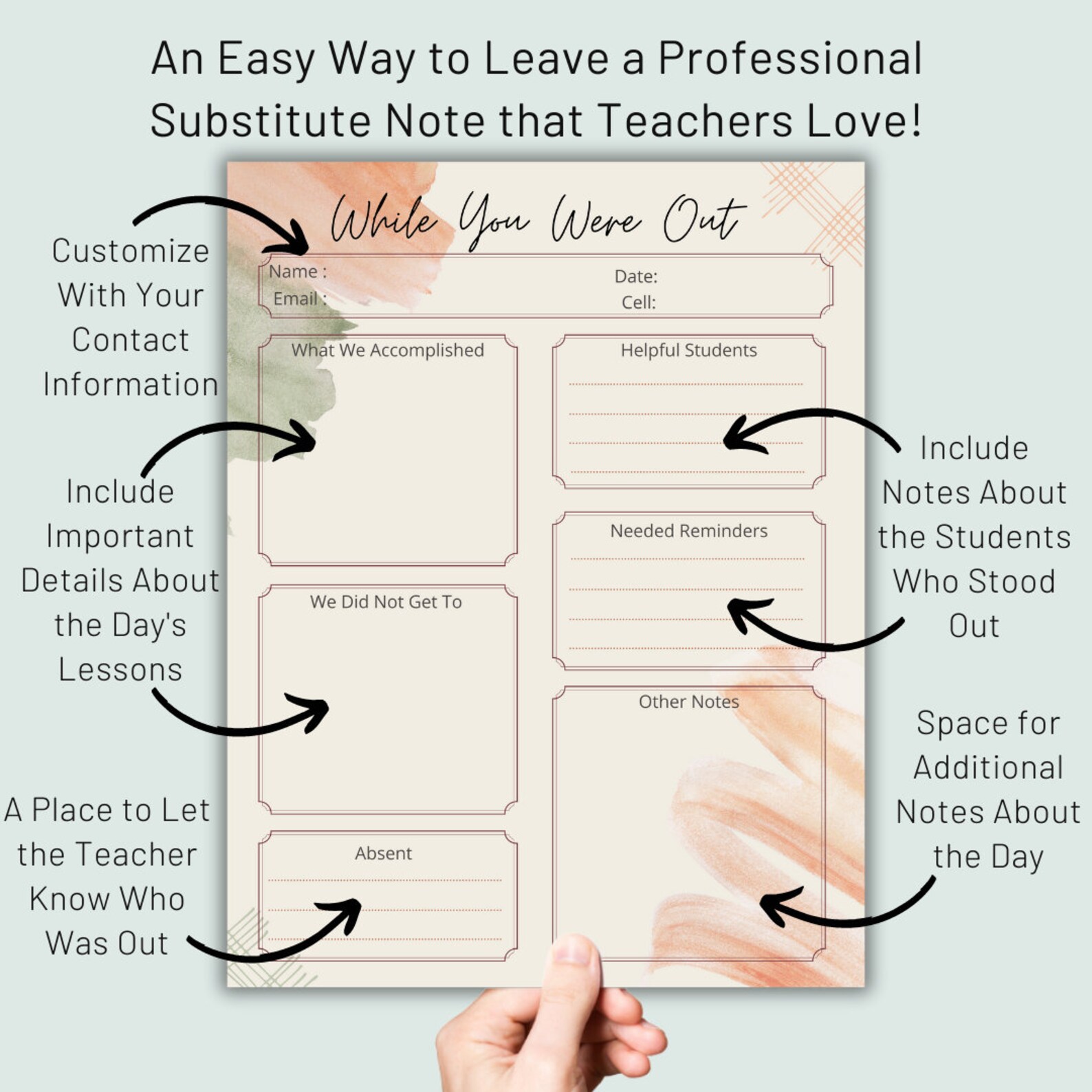 Substitute Teacher Note Watercolor Printable Simple - Etsy