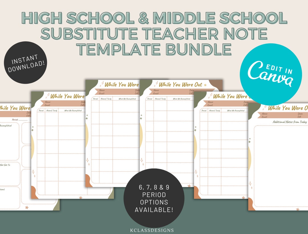 High School Substitute Teacher Note Bundle | Editable | Midcentury ...