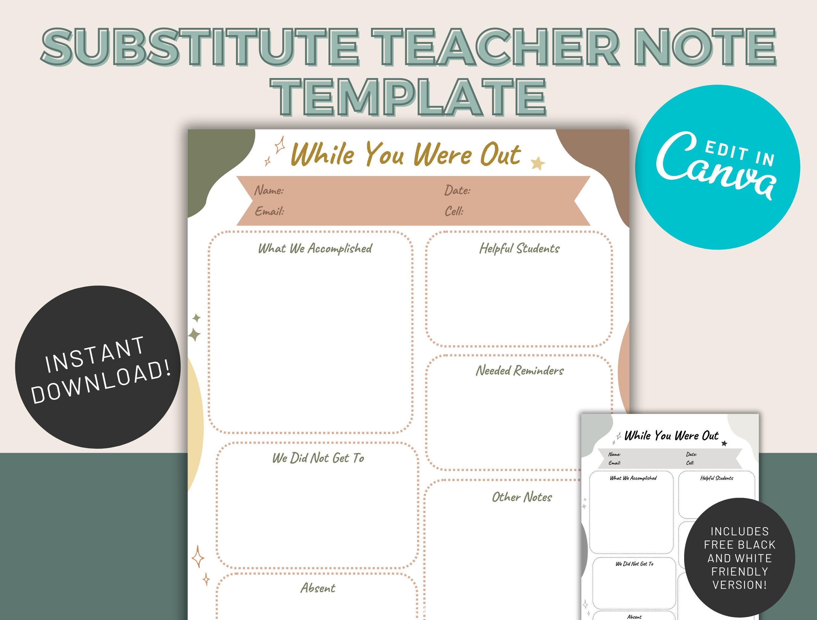 Editable Substitute Teacher Note | Midcentury Modern | Boho | Substitute Report | Sub Plans ...