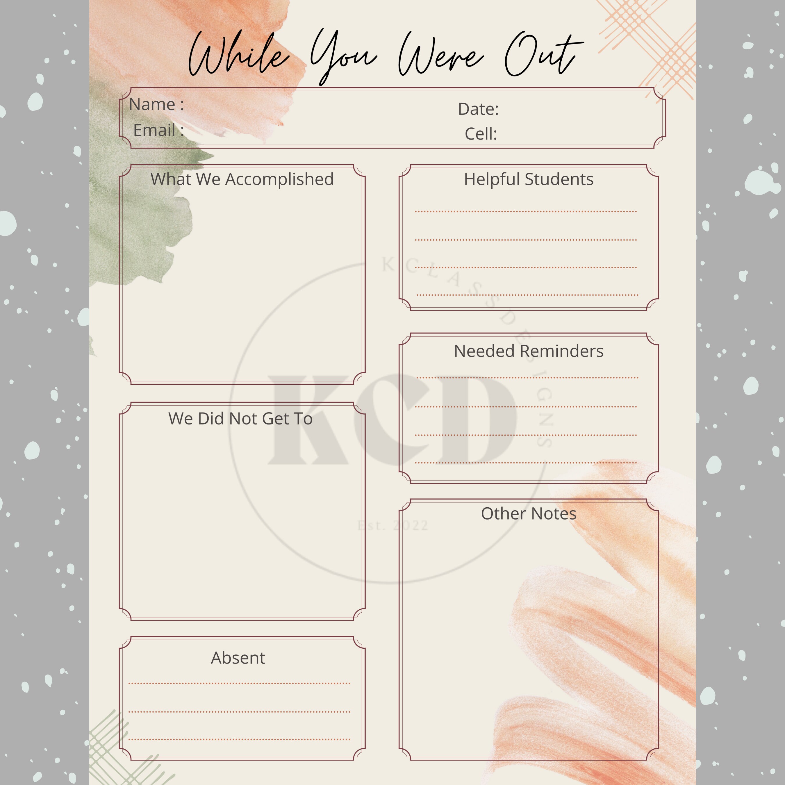 Substitute Teacher Note Watercolor Printable Simple - Etsy