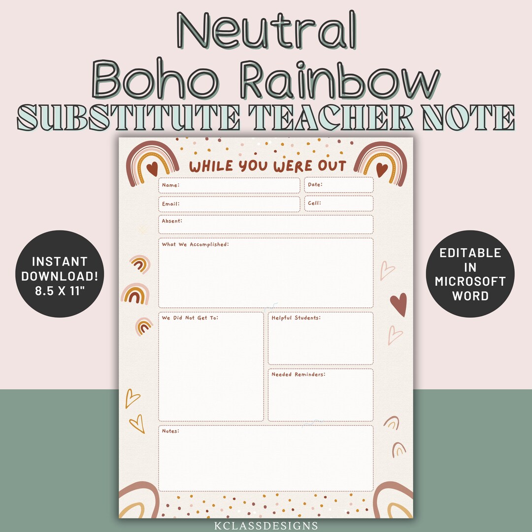 Substitute Teacher Note Boho Rainbow Printable Substitute Report Back ...