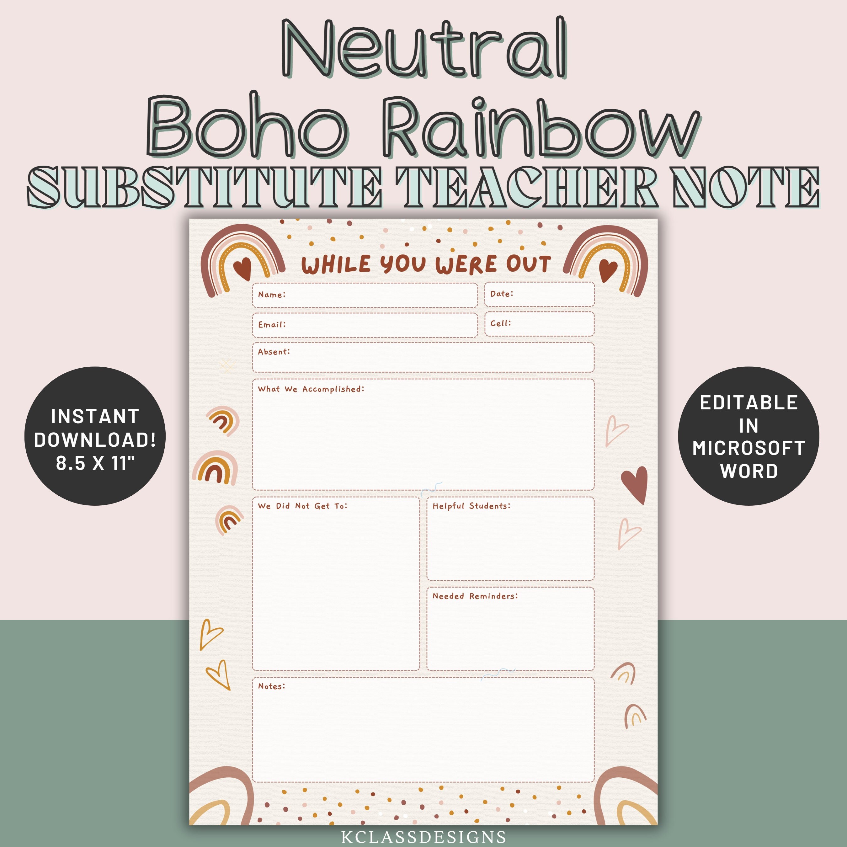 Substitute Teacher Note | Boho | Rainbow | Printable | Substitute ...