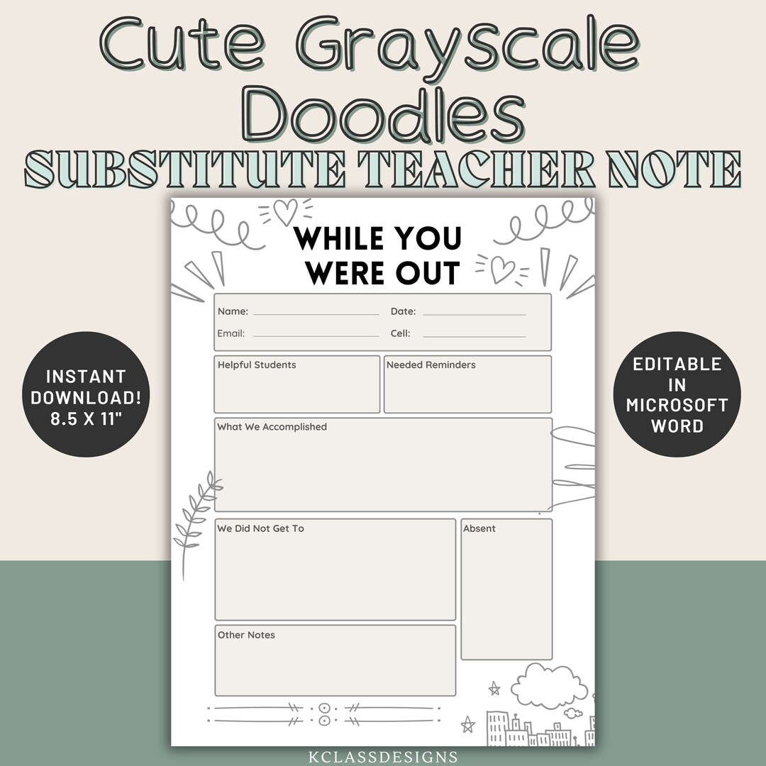 Substitute Teacher Note | Doodles | Grayscale | Printable | Substitute ...