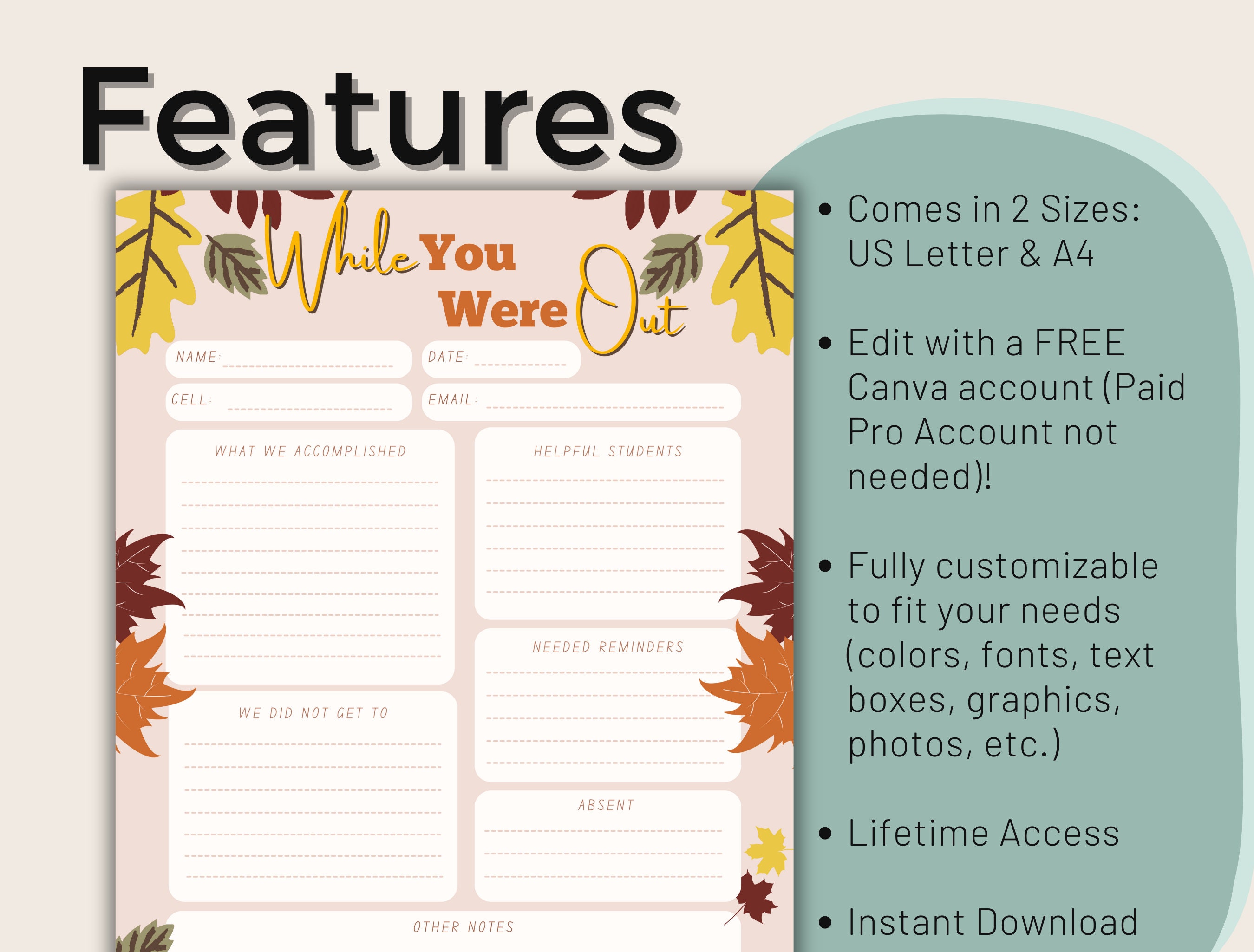 Editable Substitute Teacher Note | Fall Leaves | Autumn | Substitute ...