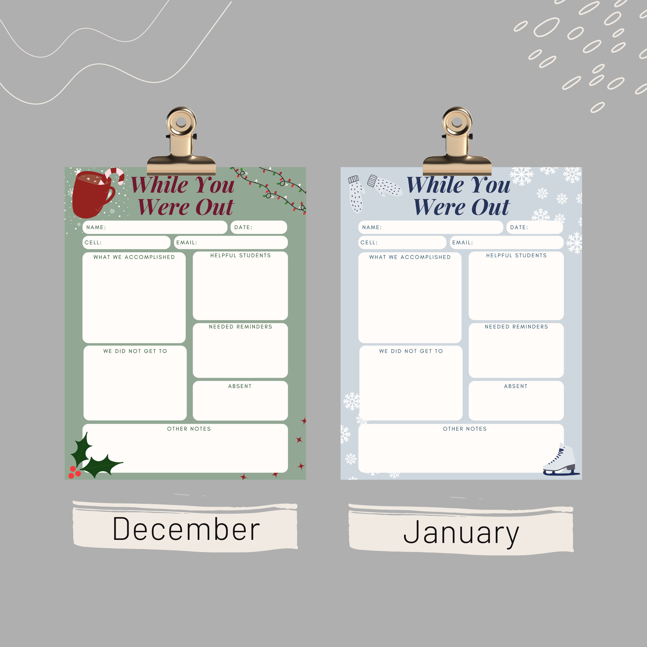 Substitute Teacher Note Monthly Value Pack Illustrative Printable ...