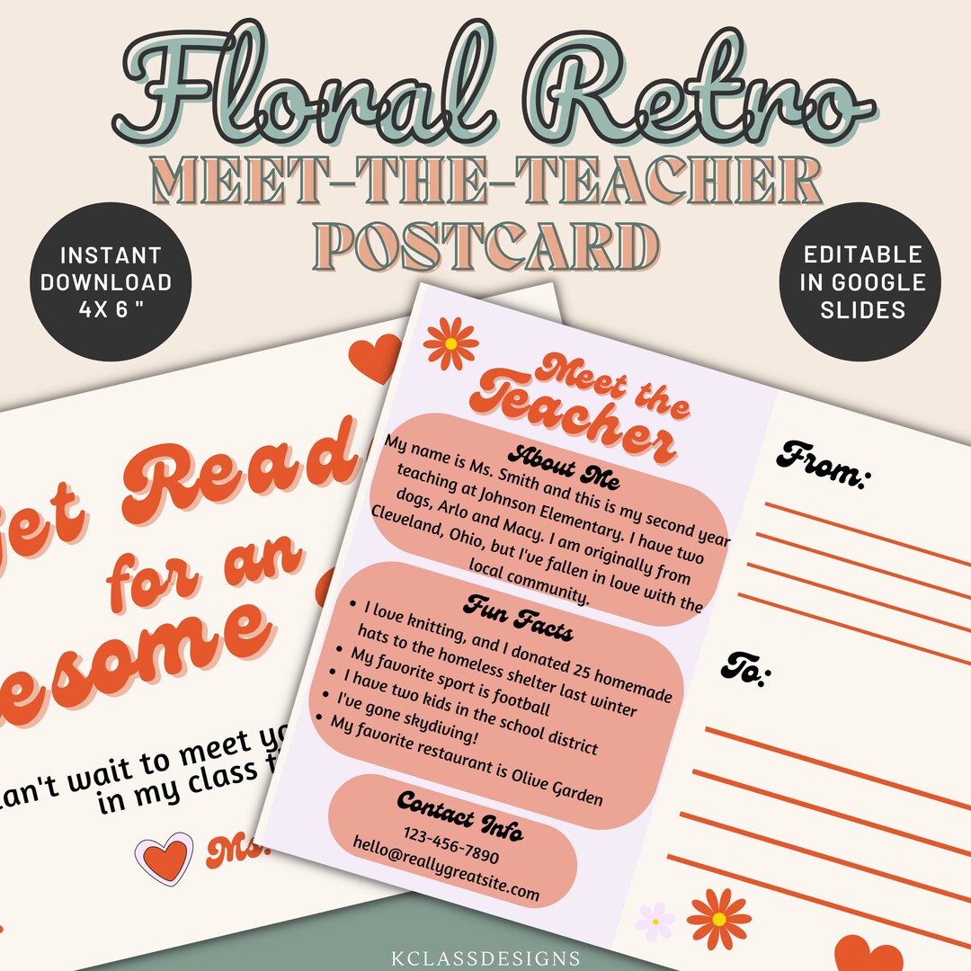 Meet the Teacher Postcard Editable Retro Floral First Day of School ...
