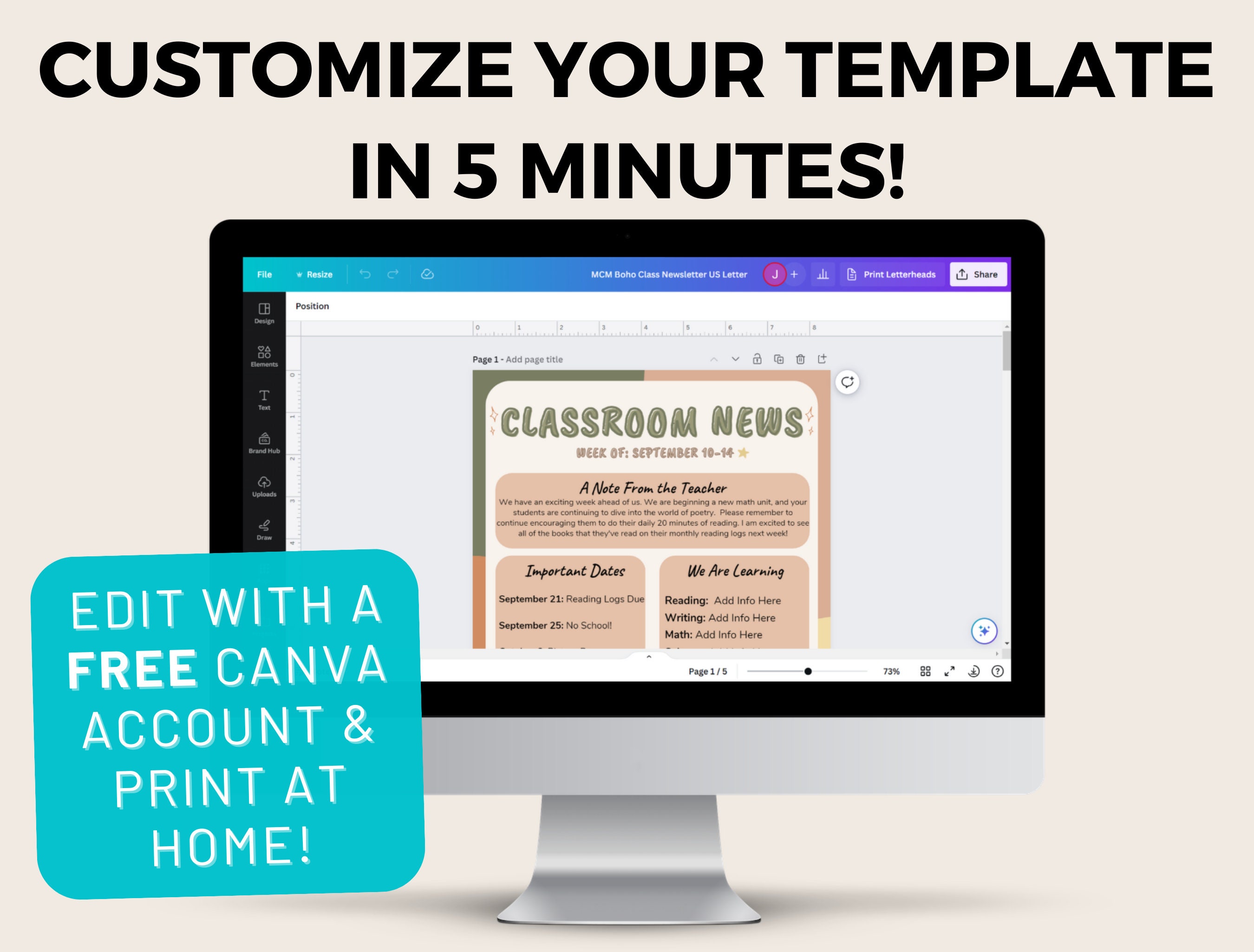 Editable Classroom Newsletter Midcentury Modern Boho Customizable ...
