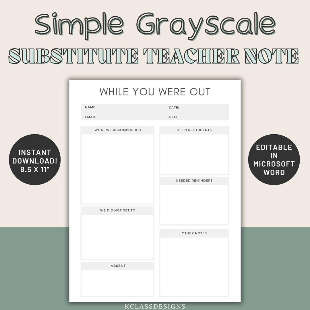 Substitute Teacher Note | Black and White | Gray Scale | Printable ...