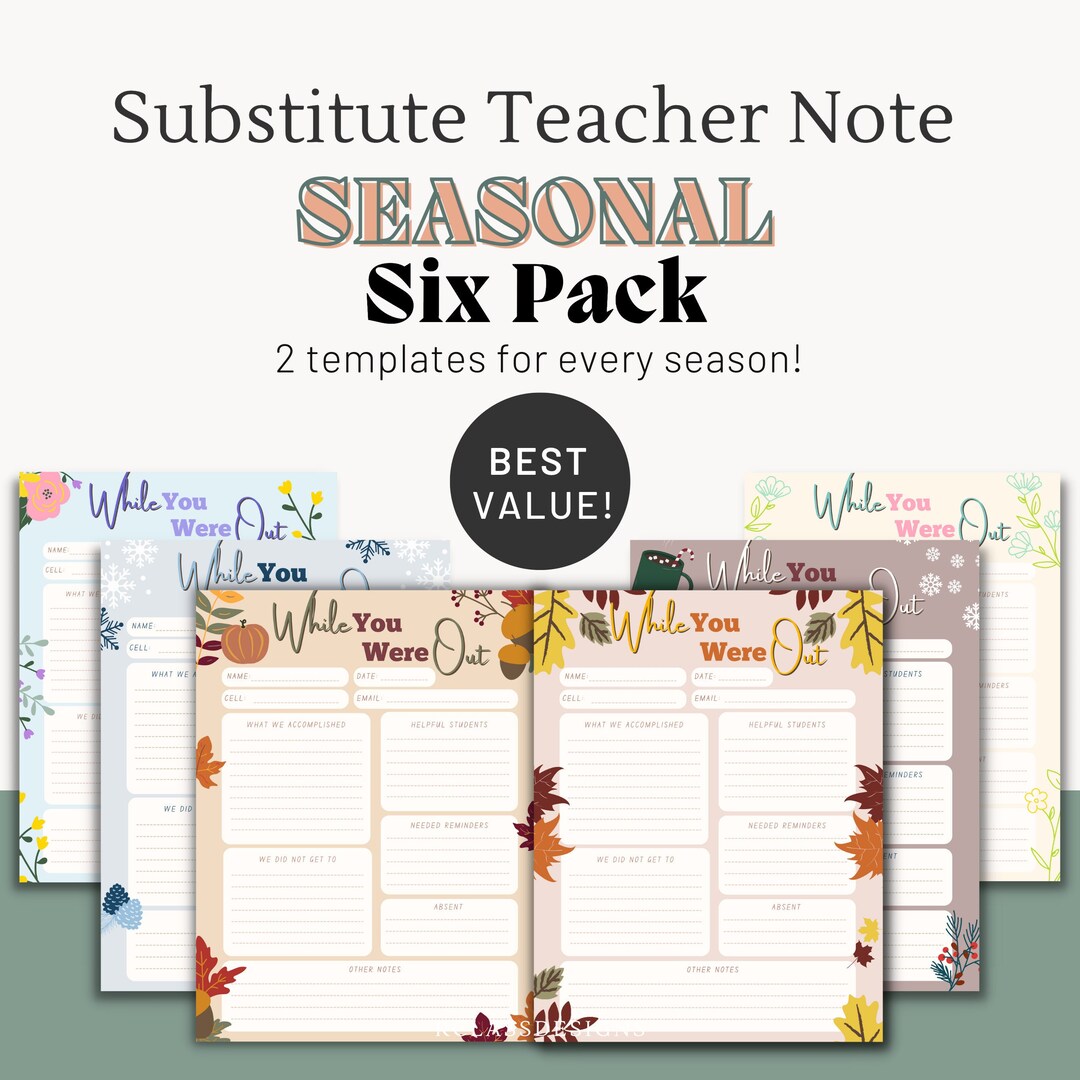 Substitute Teacher Note Seasonal Pack | Illustrative | Printable ...