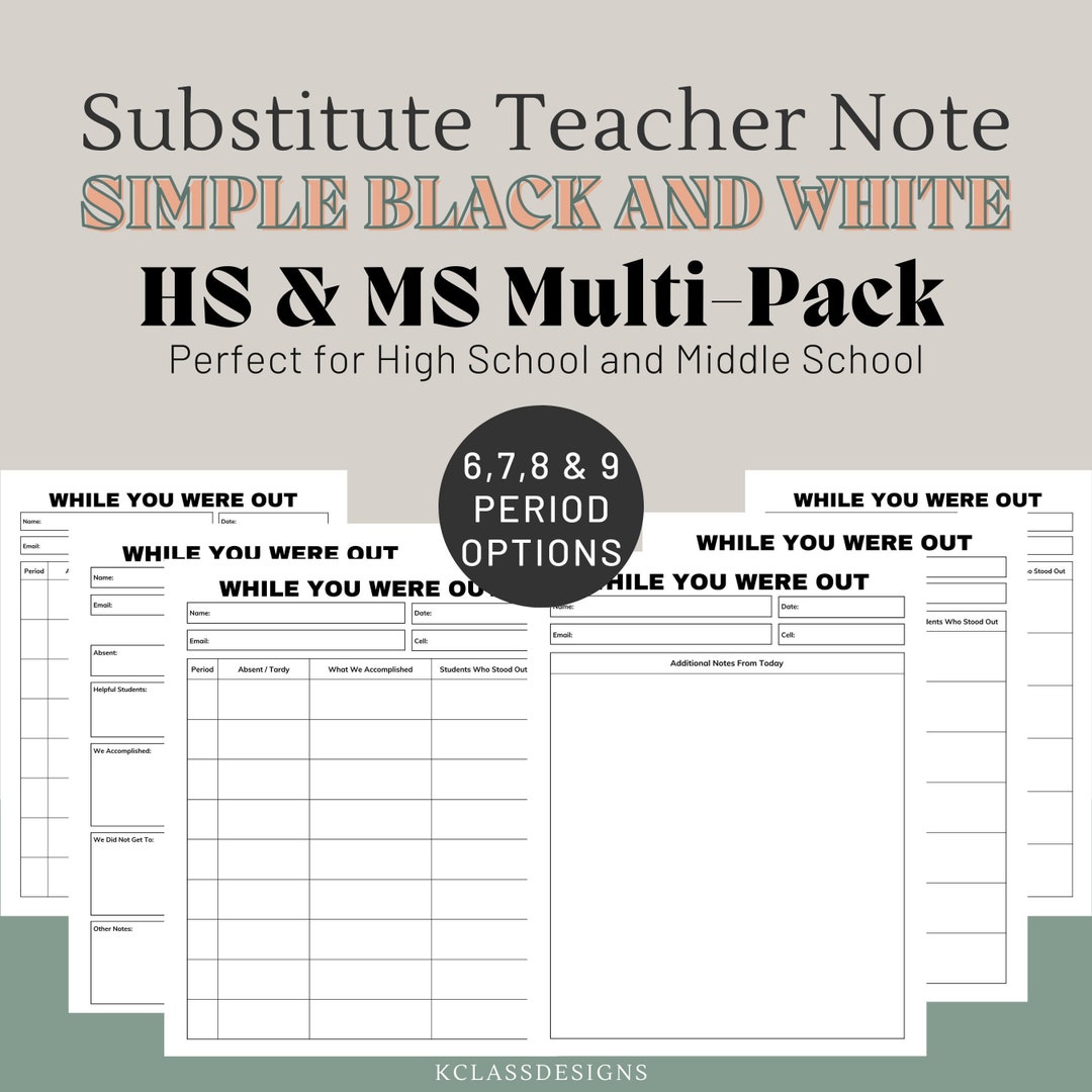 High School Substitute Teacher Note Bundle | Black and White ...