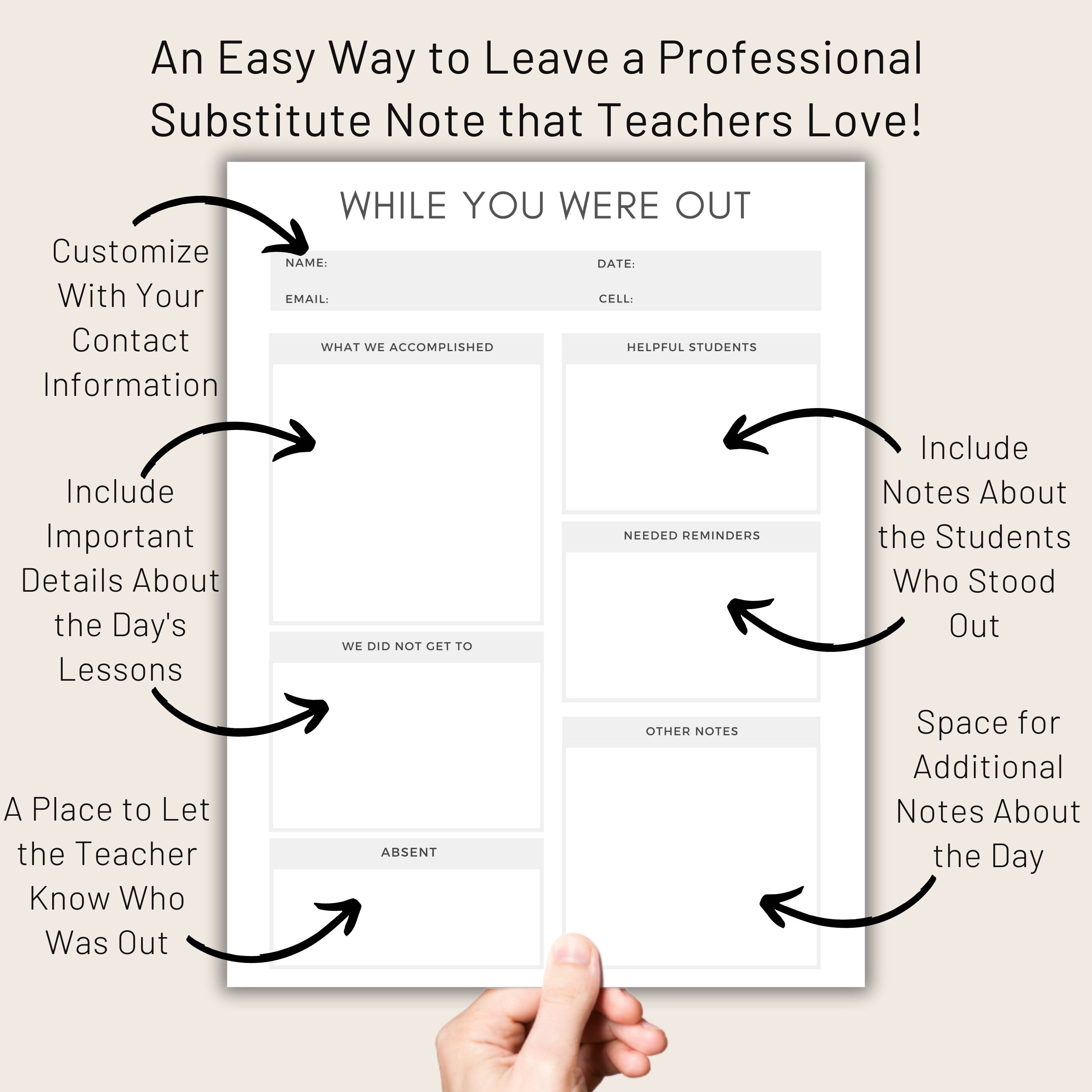 Substitute Teacher Note | Black and White | Gray Scale | Printable ...