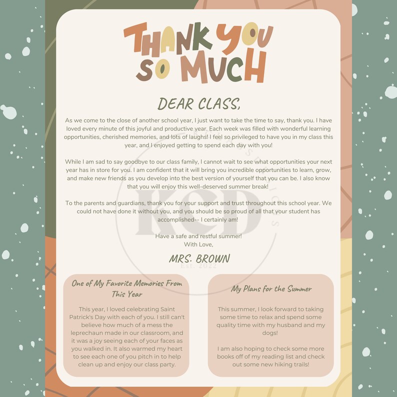 End of Year Teacher Letter Editable Mid Century Modern Boho Printable ...
