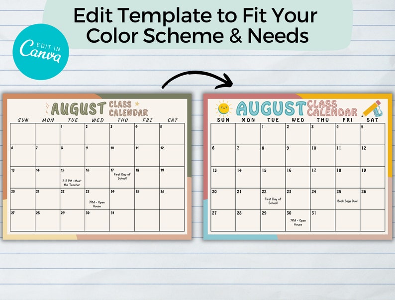 Class Calendar Template | Midcentury Modern | Boho | Customizable ...