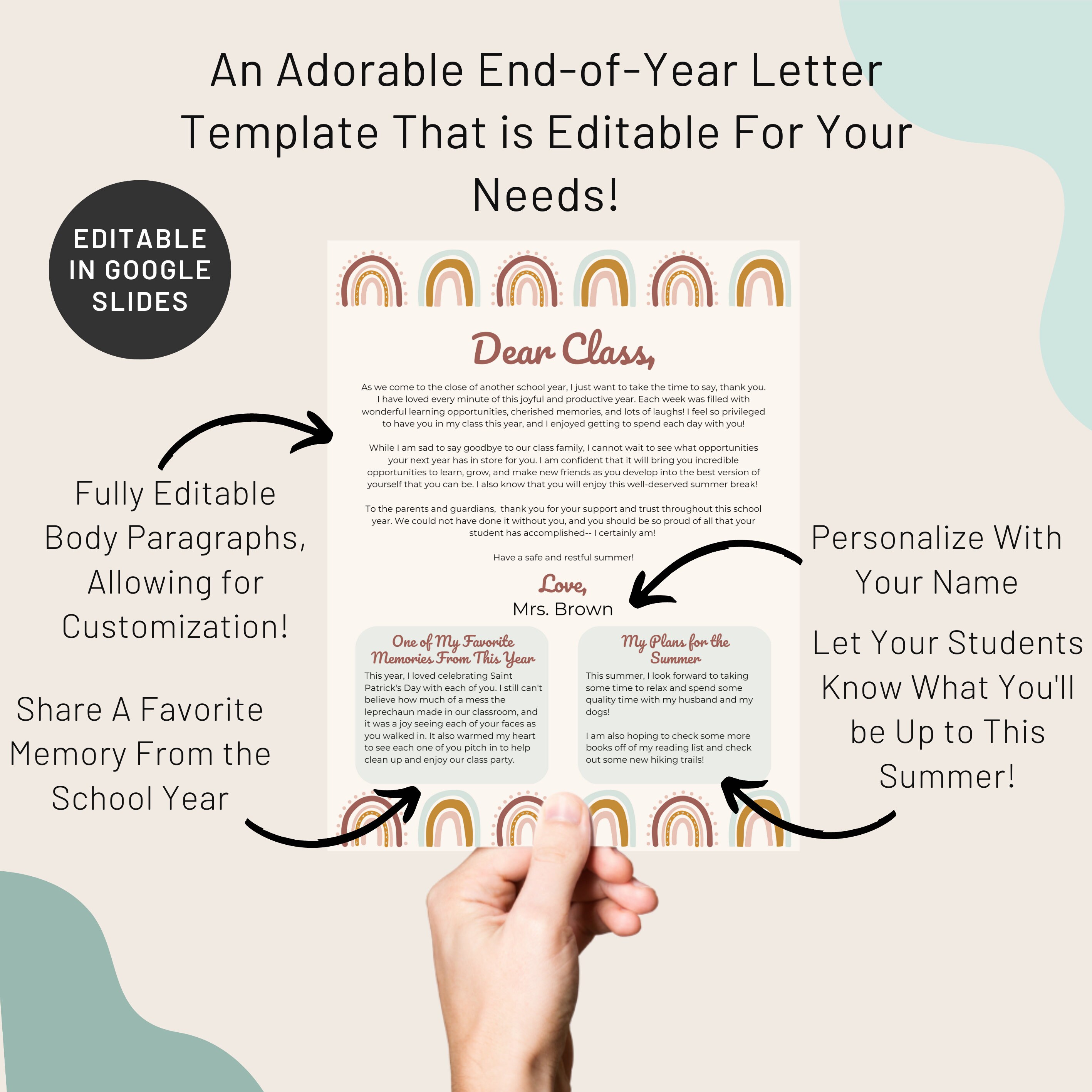 End of Year Teacher Letter Editable Rainbow Boho - Etsy