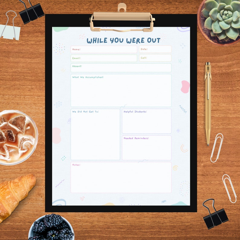 Substitute Teacher Note Rainbow Doodles Printable Substitute Report ...