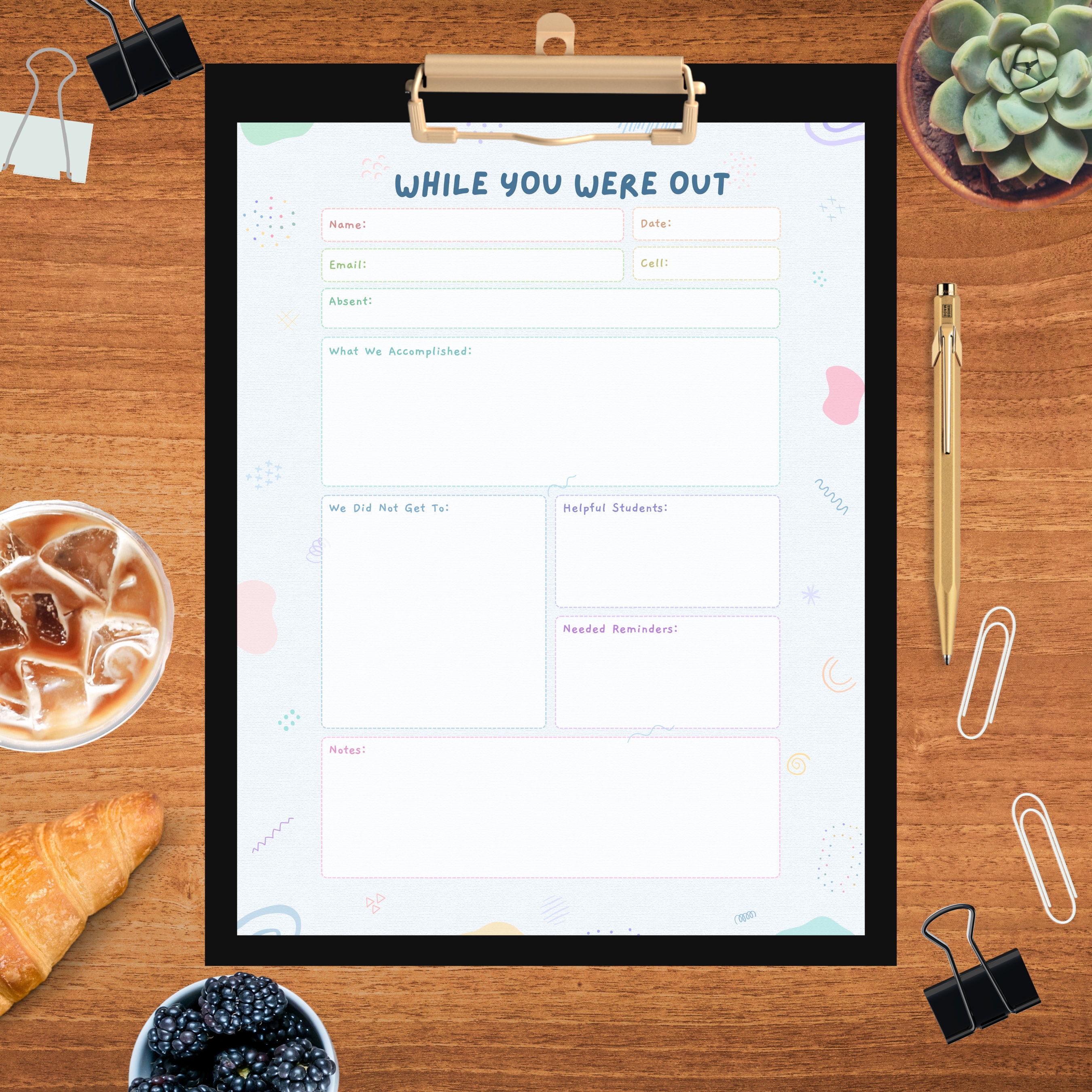 Substitute Teacher Note Rainbow Doodles Printable Substitute Report ...