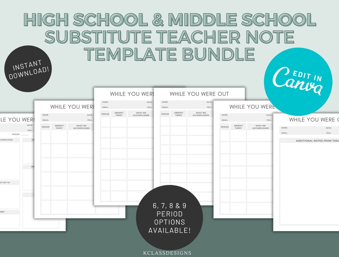 High School Substitute Teacher Note Bundle | Grayscale Modern | Black ...