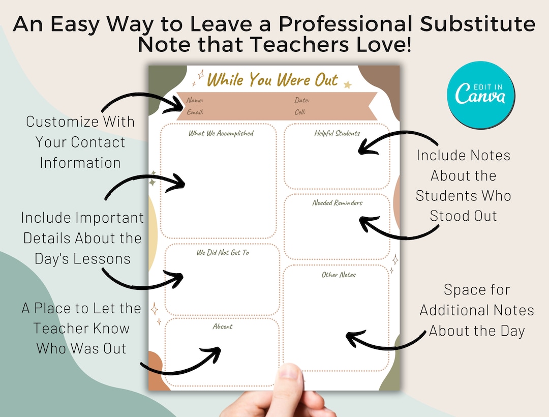 Editable Substitute Teacher Note | Midcentury Modern | Boho ...