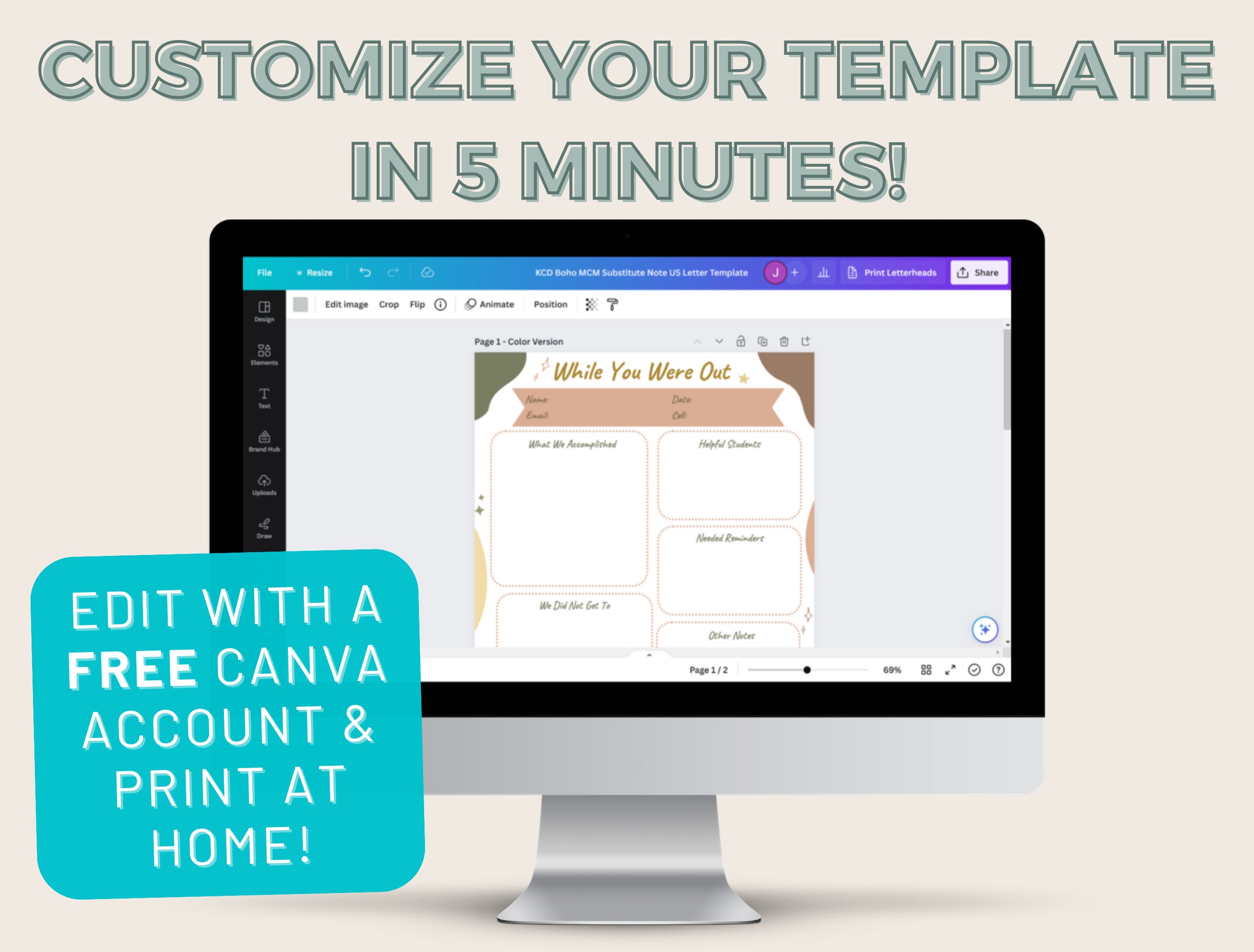 Editable Substitute Teacher Note | Midcentury Modern | Boho ...