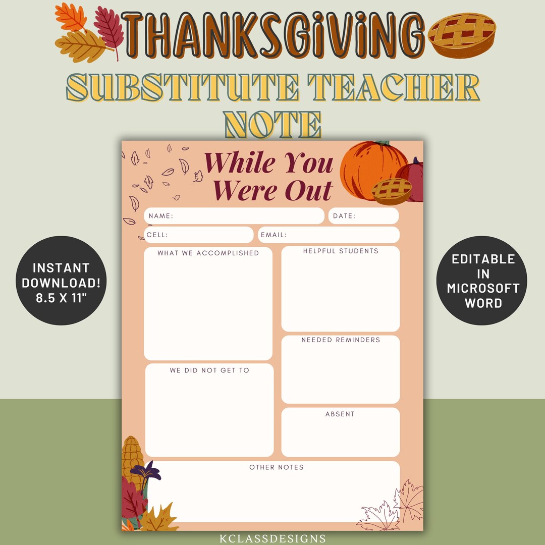 Substitute Teacher Note | Fall | Pumpkins | November | Printable ...