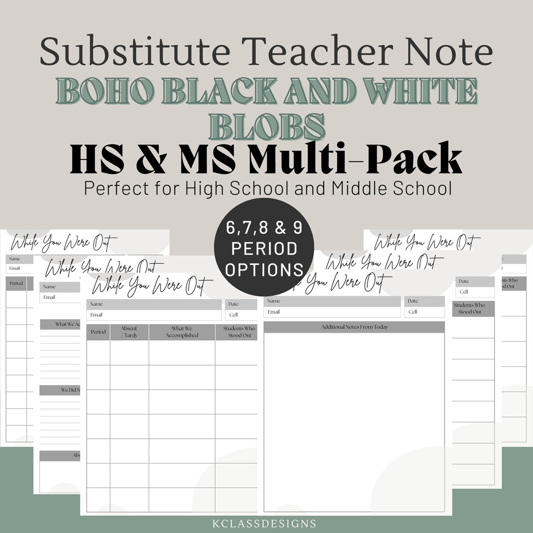 High School Substitute Teacher Note Bundle | Boho | Printable ...