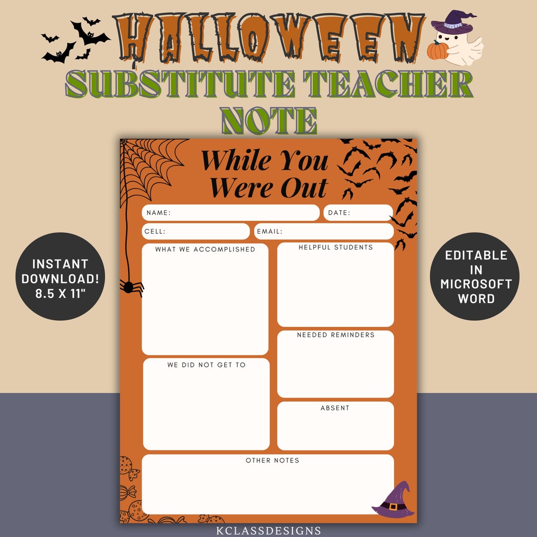 Substitute Teacher Note Fall Spooky October Halloween Printable ...