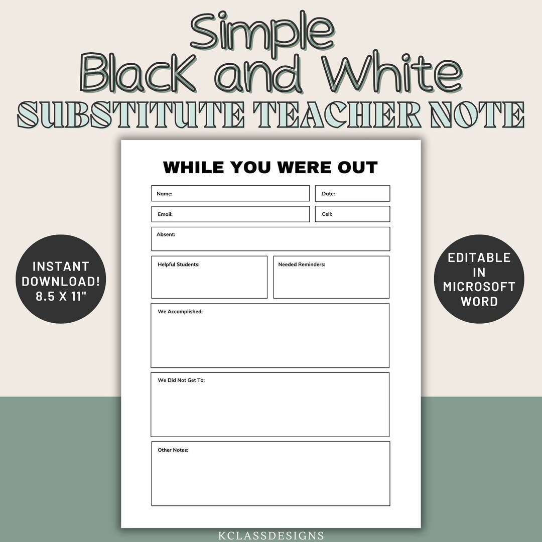 Substitute Teacher Note | Black and White | Grayscale | Printable ...