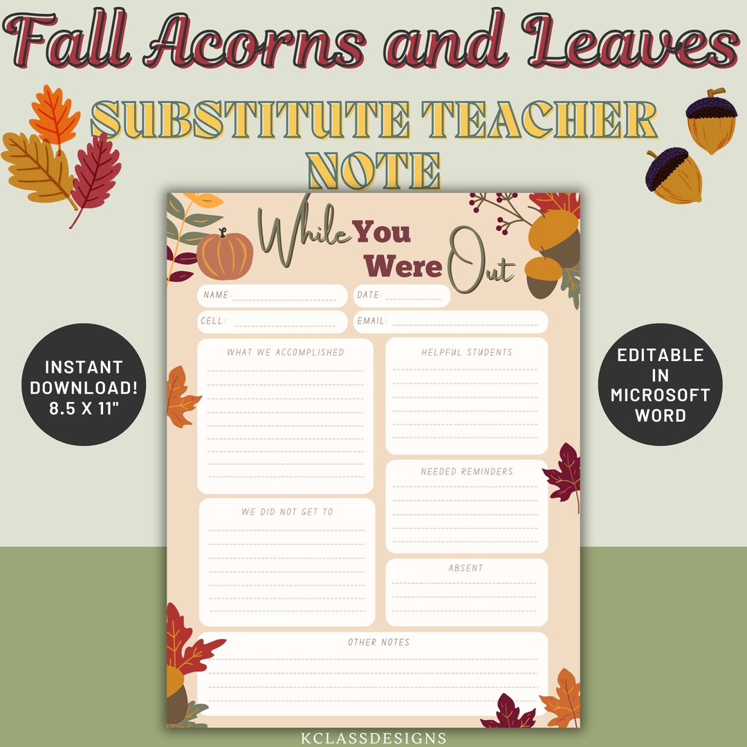 Substitute Teacher Note | Fall Leaves and Acorns | Printable ...