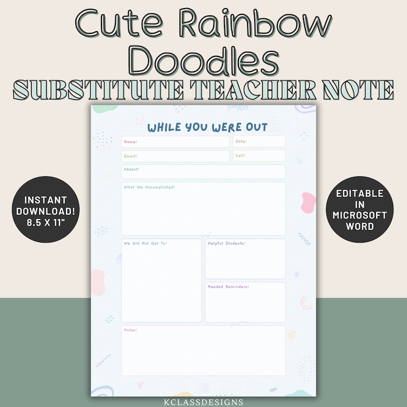 Substitute Teacher Note Rainbow Doodles Printable Substitute Report ...