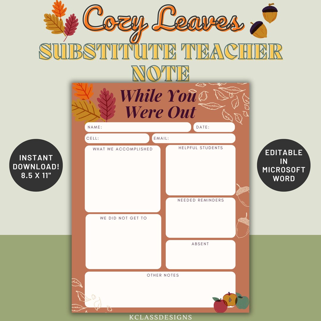 Substitute Teacher Note | Fall | Leaves | September | Cozy | Printable ...