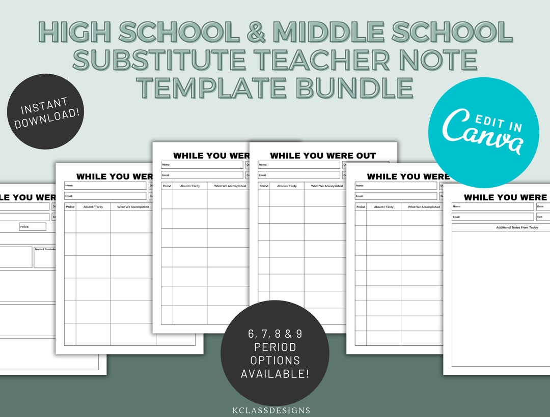 High School Substitute Teacher Note Bundle | Relief Teacher | Black and ...