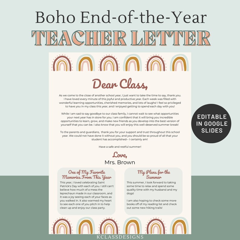 End of Year Teacher Letter | Editable | Rainbow | Boho | Printable ...