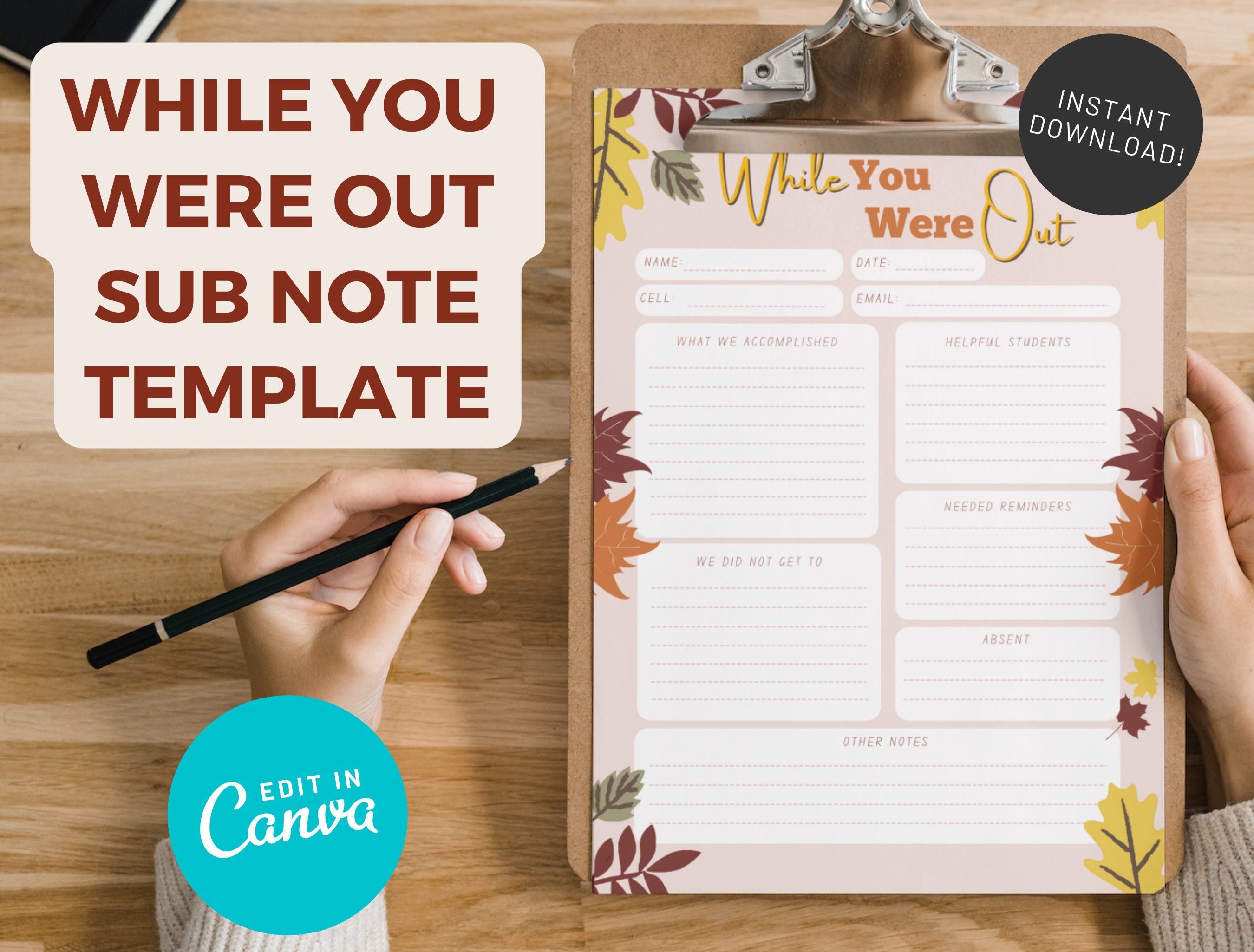 Editable Substitute Teacher Note | Fall Leaves | Autumn | Substitute ...