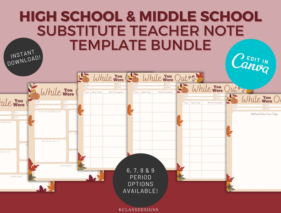 Fall High School Substitute Teacher Note Bundle | Middle School ...