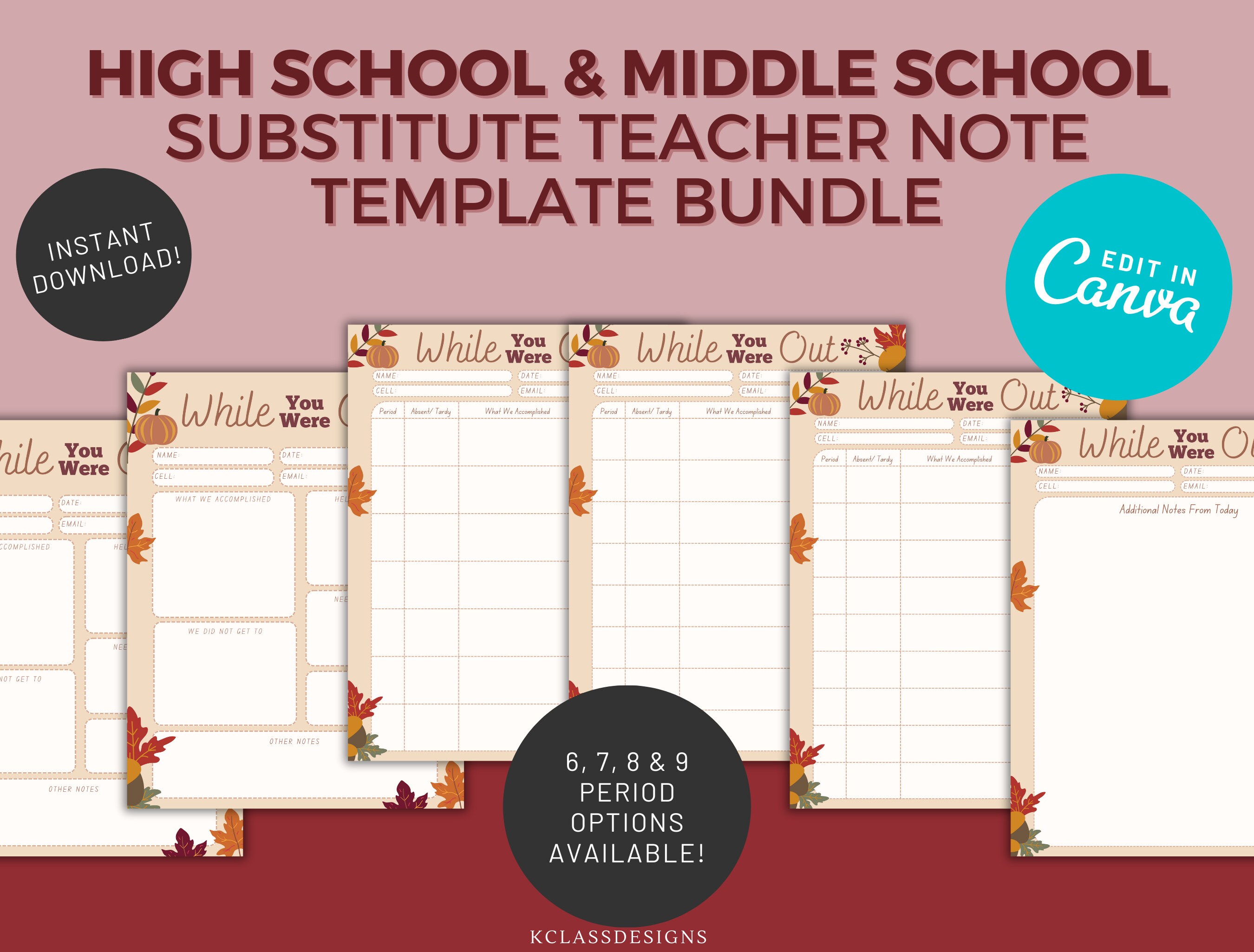 Fall High School Substitute Teacher Note Bundle | Middle School ...