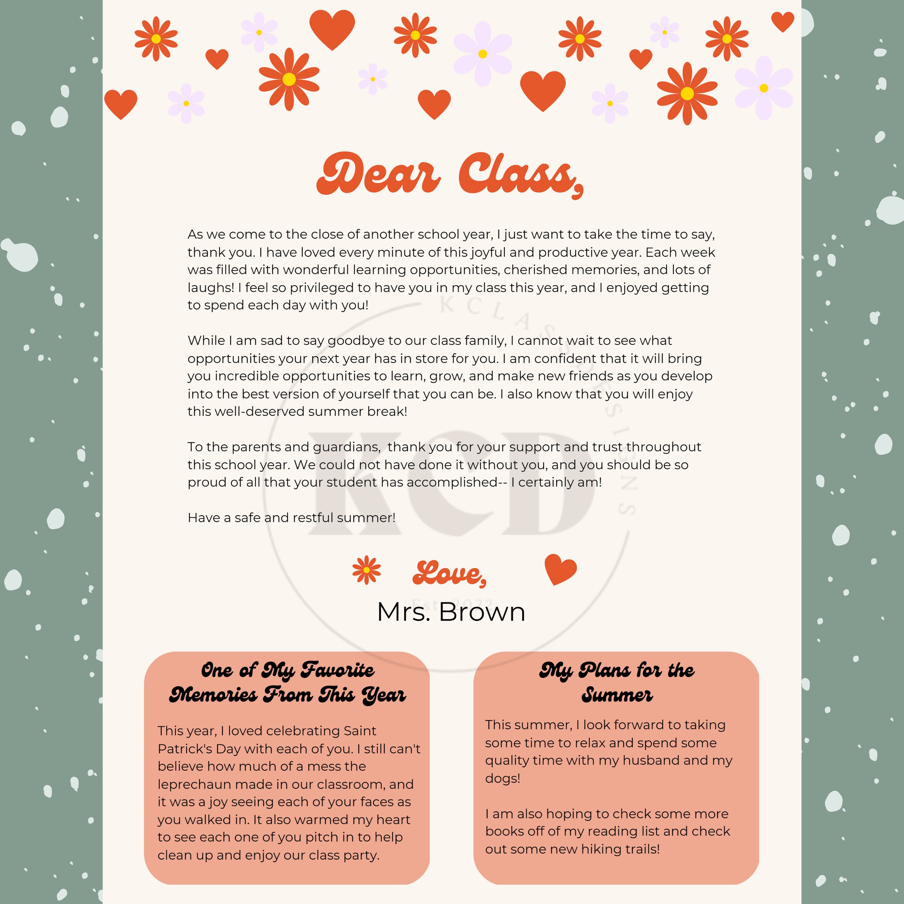 End of Year Teacher Letter | Editable | Retro | Boho | Printable ...