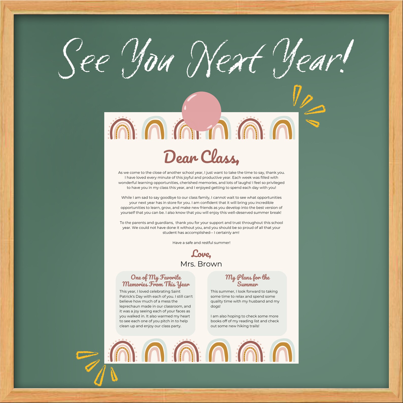 End of Year Teacher Letter Editable Rainbow Boho Printable Teacher Note ...