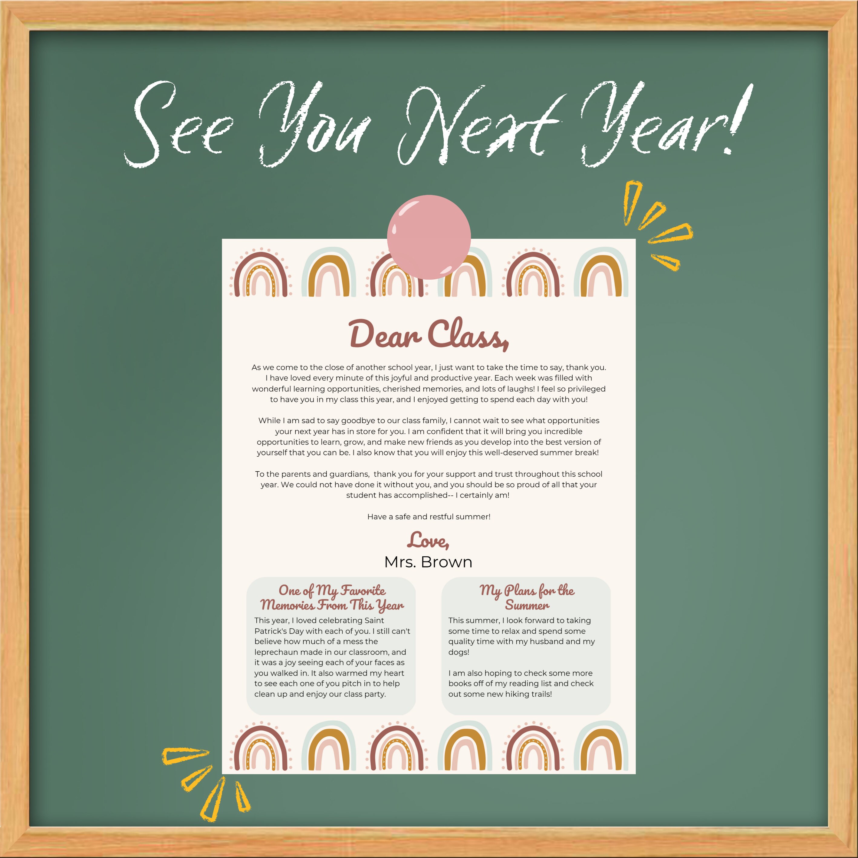 End of Year Teacher Letter Editable Rainbow Boho Printable Teacher Note ...