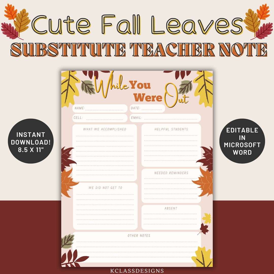 Substitute Teacher Note Fall Leaves Printable Substitute Report Sub ...
