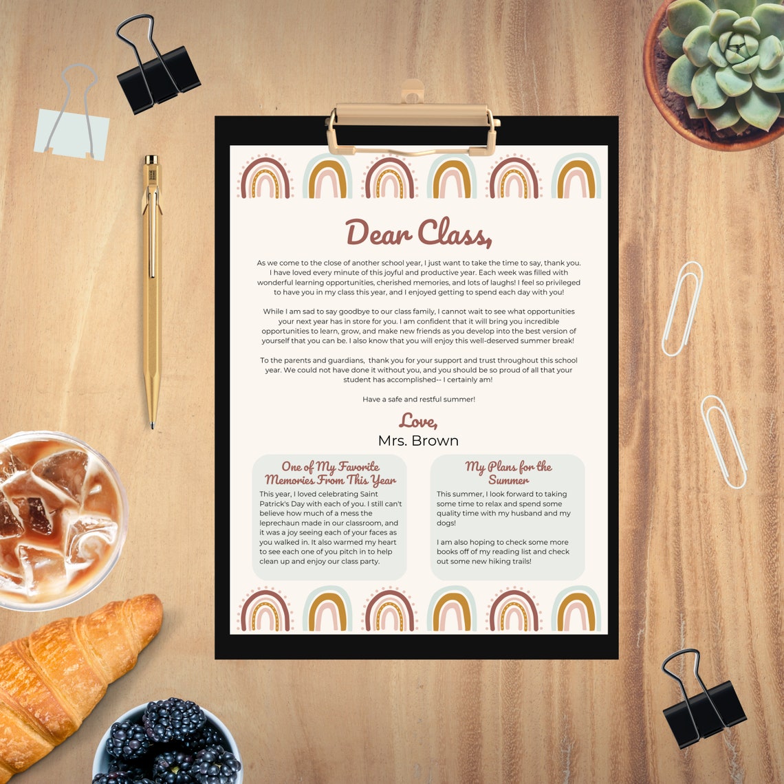 End of Year Teacher Letter Editable Rainbow Boho Printable Teacher Note ...