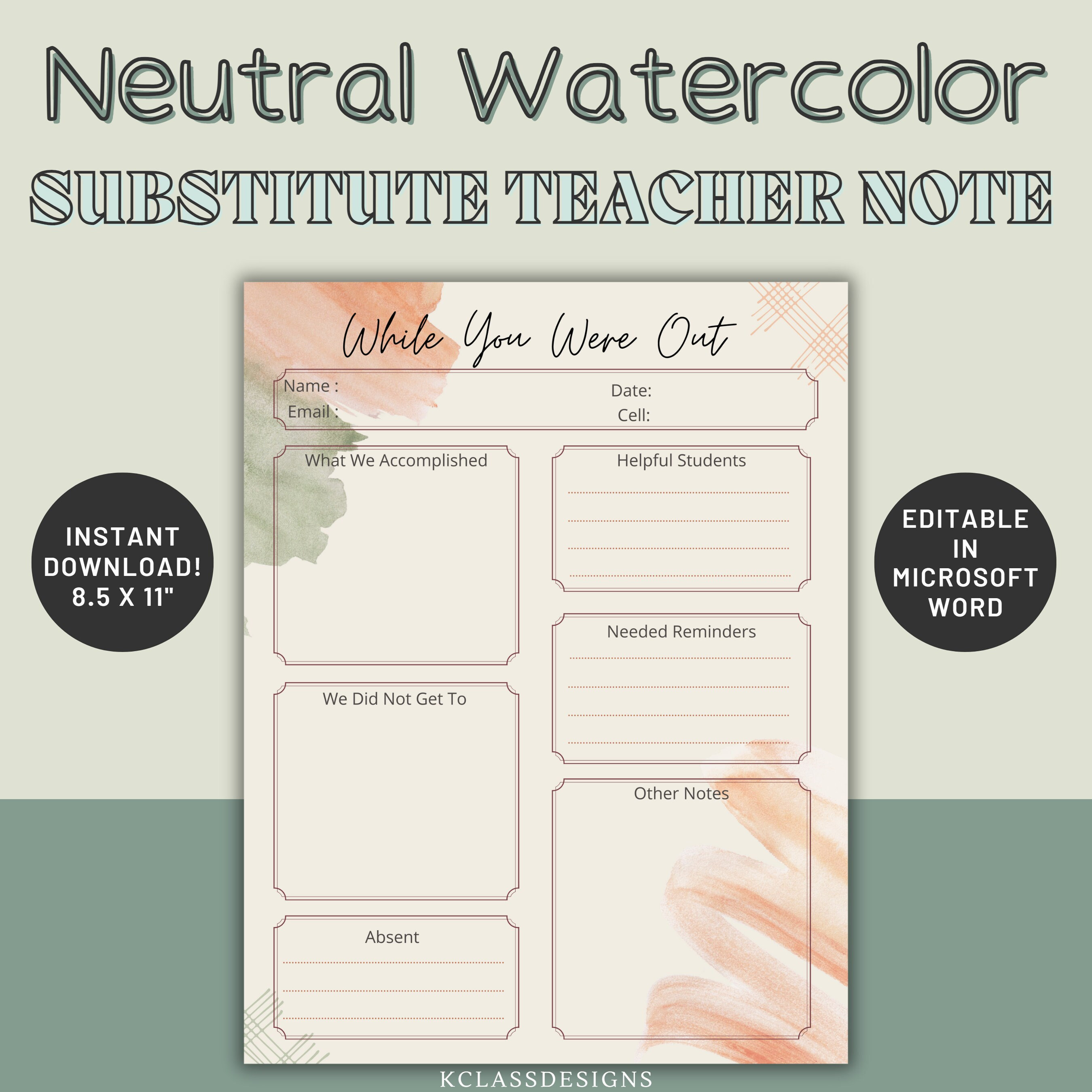 Substitute Teacher Note Watercolor Printable Simple - Etsy