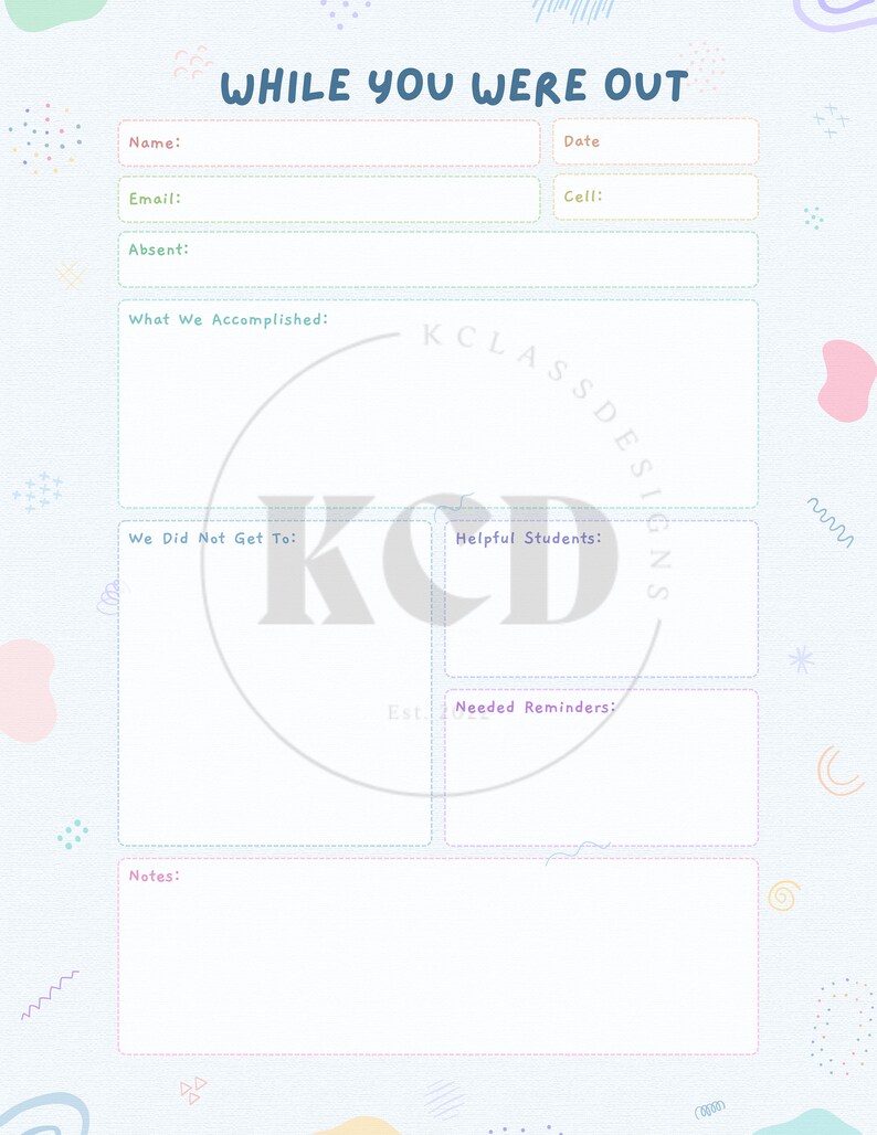 Substitute Teacher Note Rainbow Doodles Printable Substitute Report ...