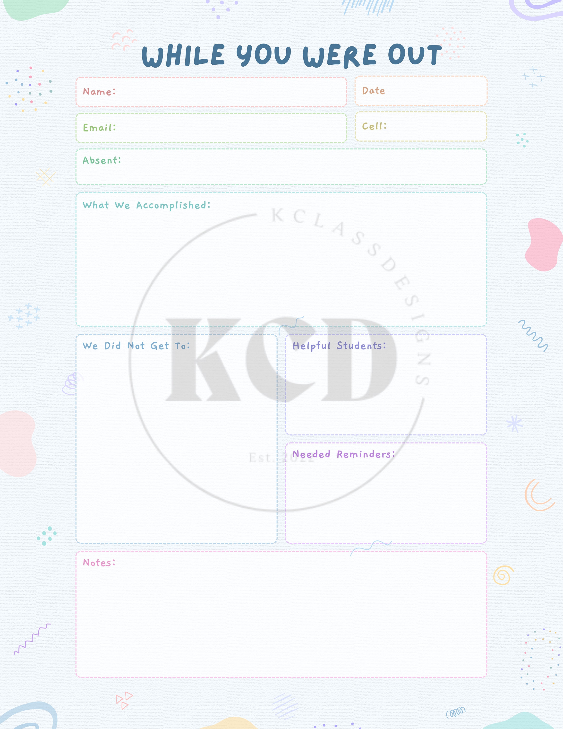 Substitute Teacher Note Rainbow Doodles Printable Substitute Report ...