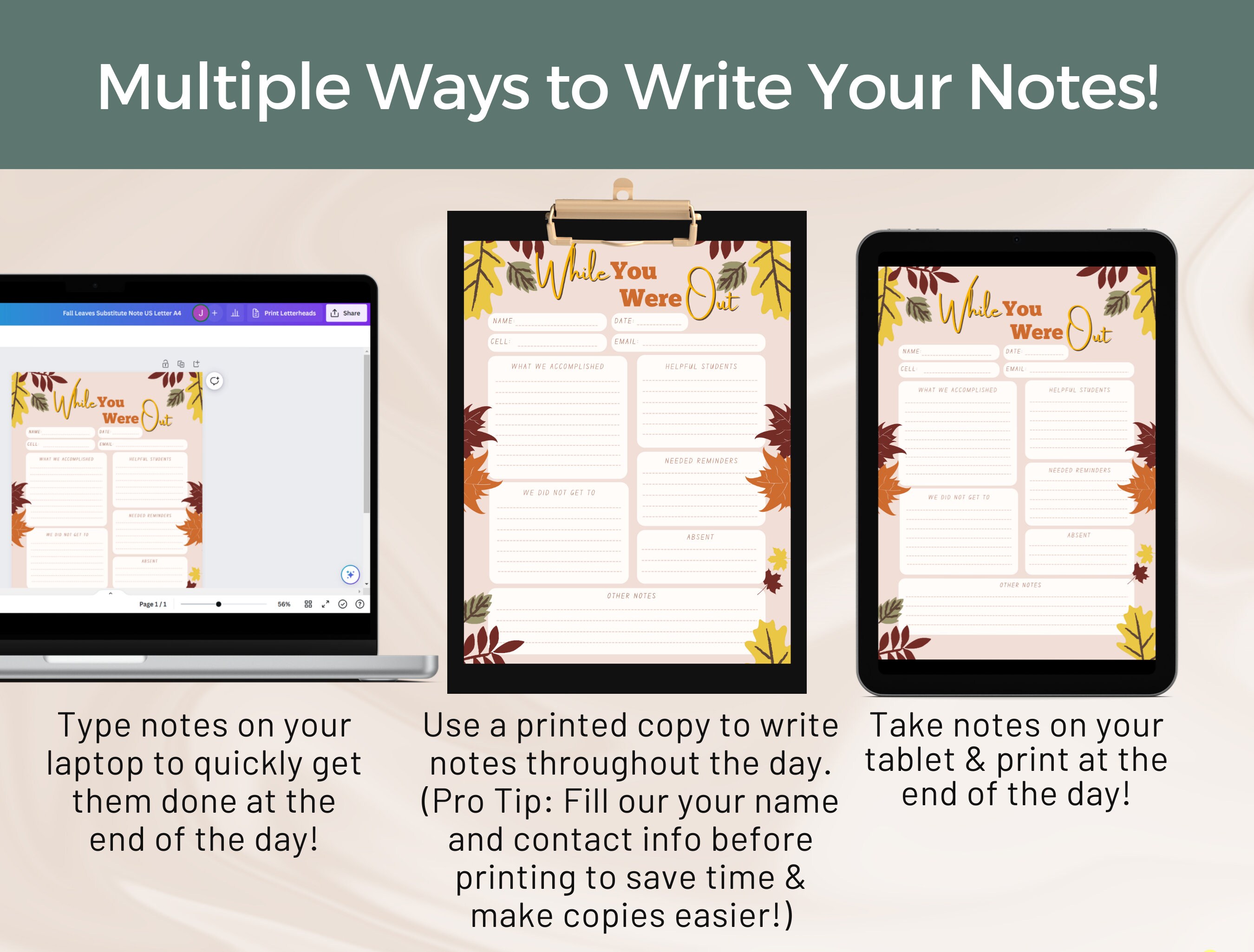 Editable Substitute Teacher Note Fall Leaves Autumn - Etsy